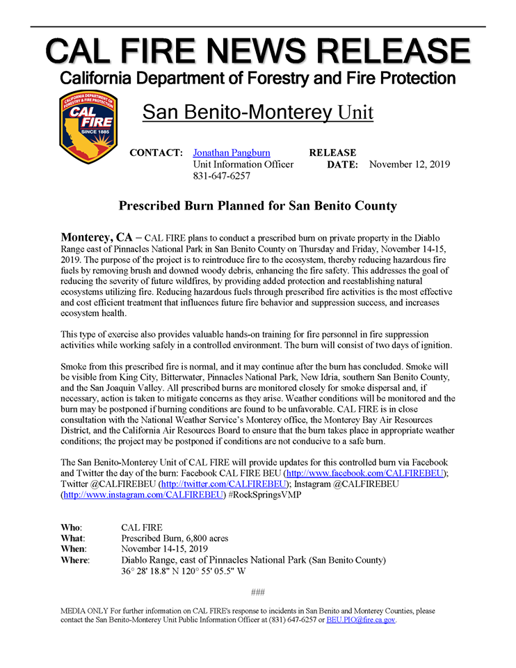 Calfire: Prescribed burn planned for San Benito County | San Benito Live