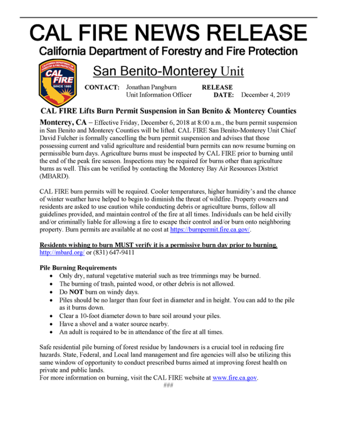 Calfire to lift suspension on burn permits | San Benito Live